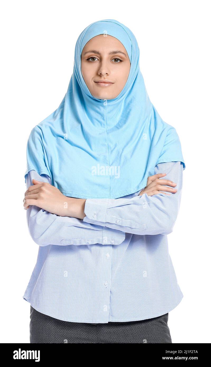 Portrait of Muslim secretary on white background Stock Photo - Alamy