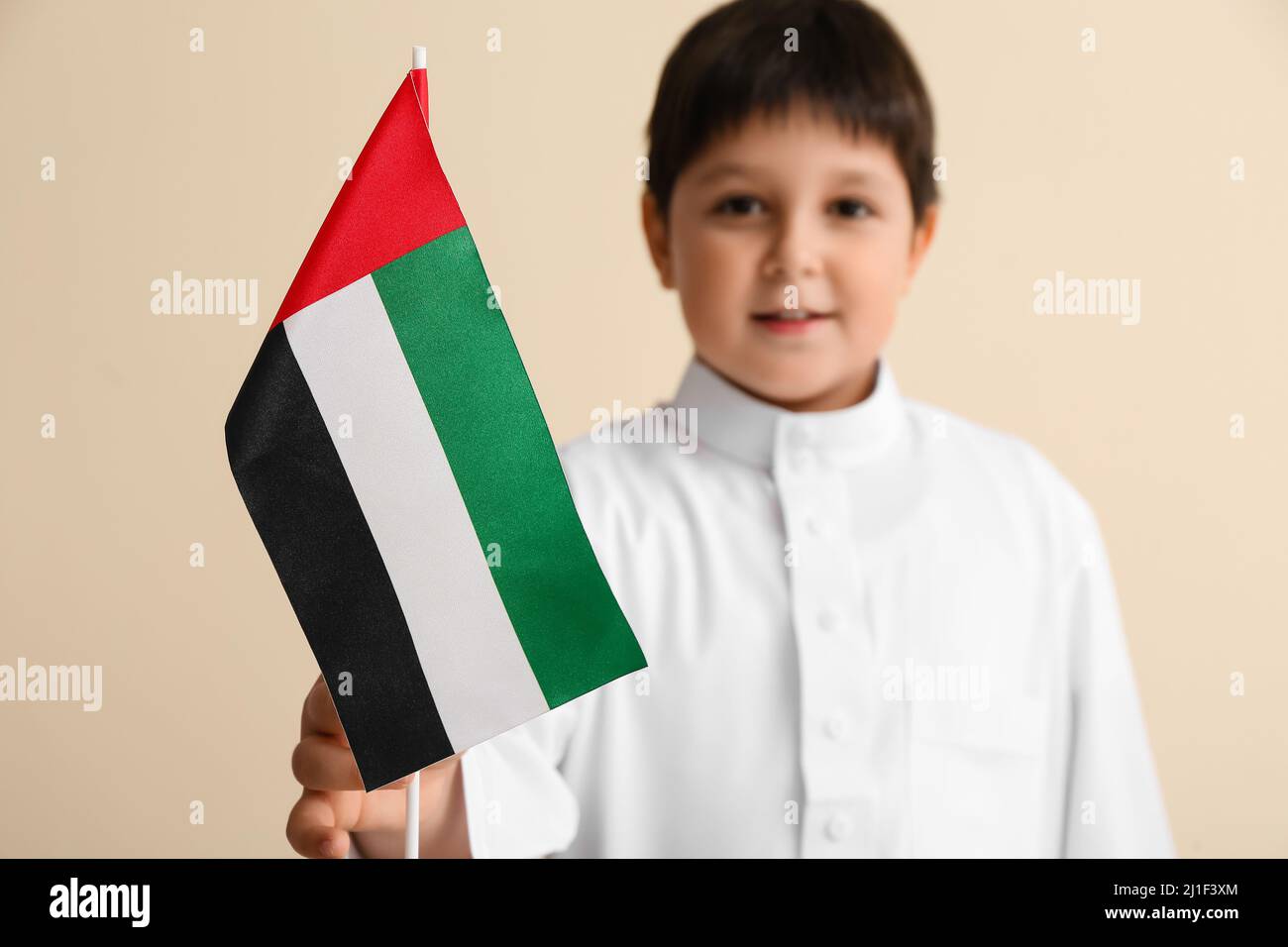 Cute little boy with national flag of UAE on light background Stock ...