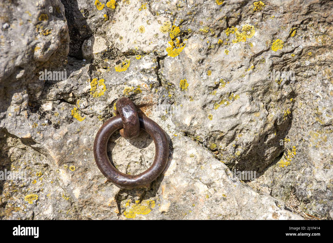 Old iron ring in an ancient castle wall for fixing something to Stock ...