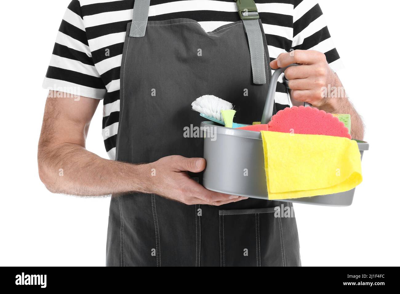 Worker of cleaning service with supplies on white background Stock ...