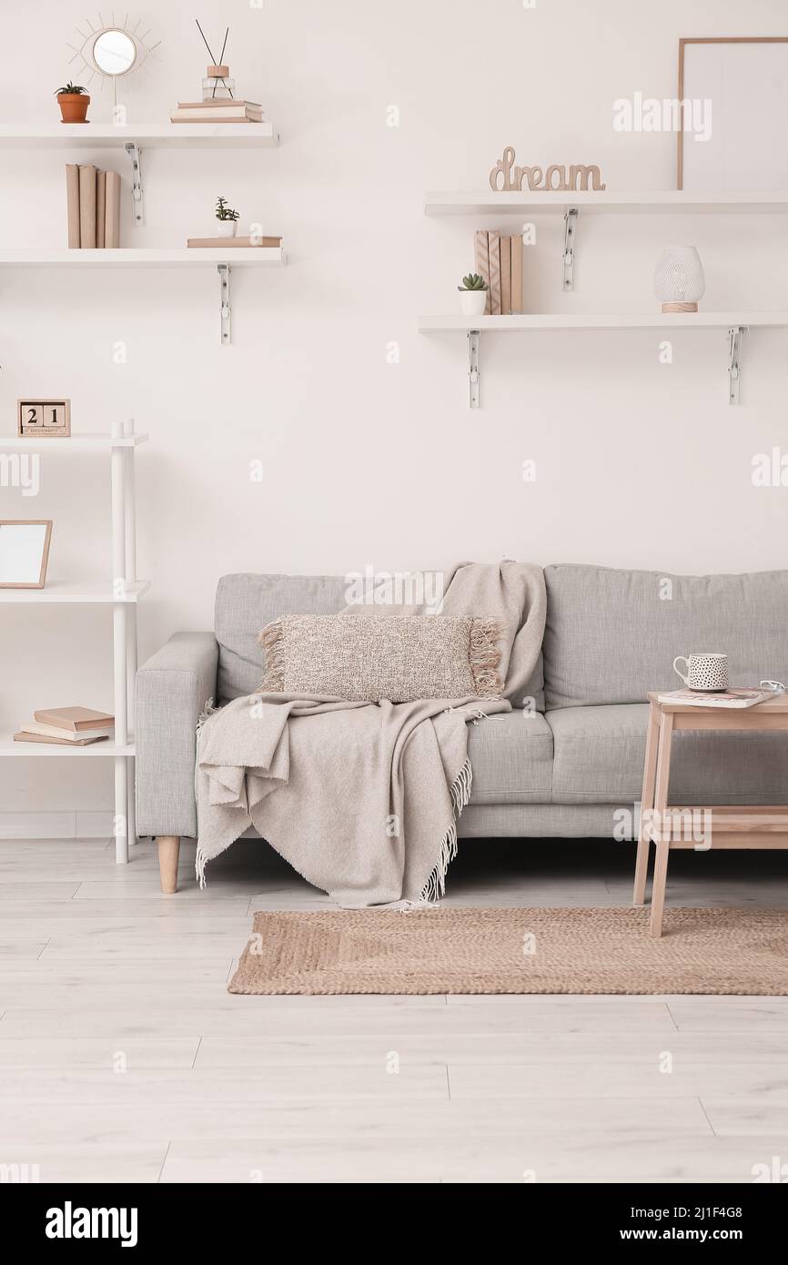 Comfortable sofa, shelves and wicker carpet in light living room ...