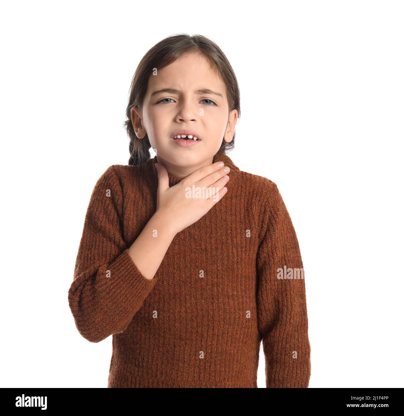 Little girl suffering from sore throat on white background Stock Photo ...
