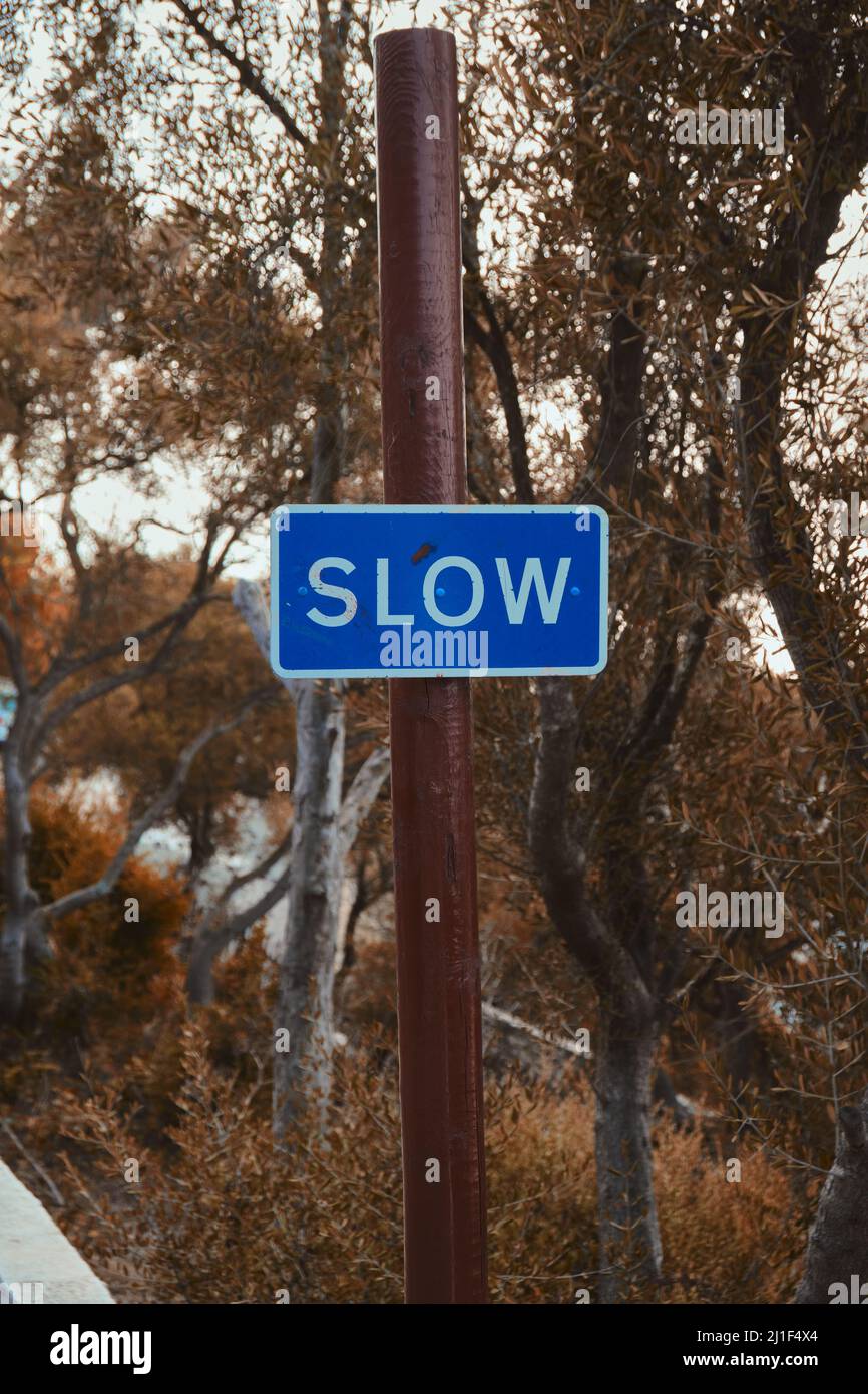 Sign in a forest full of trees that says "slow Stock Photo - Alamy
