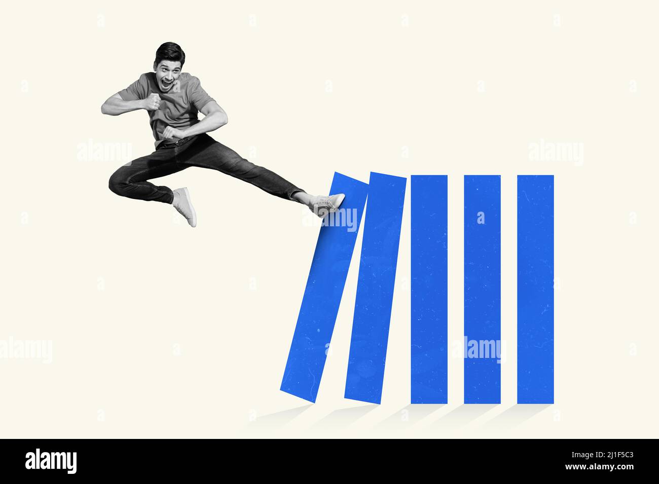 Photo illustration of white black filter young fighter jump high hit ...