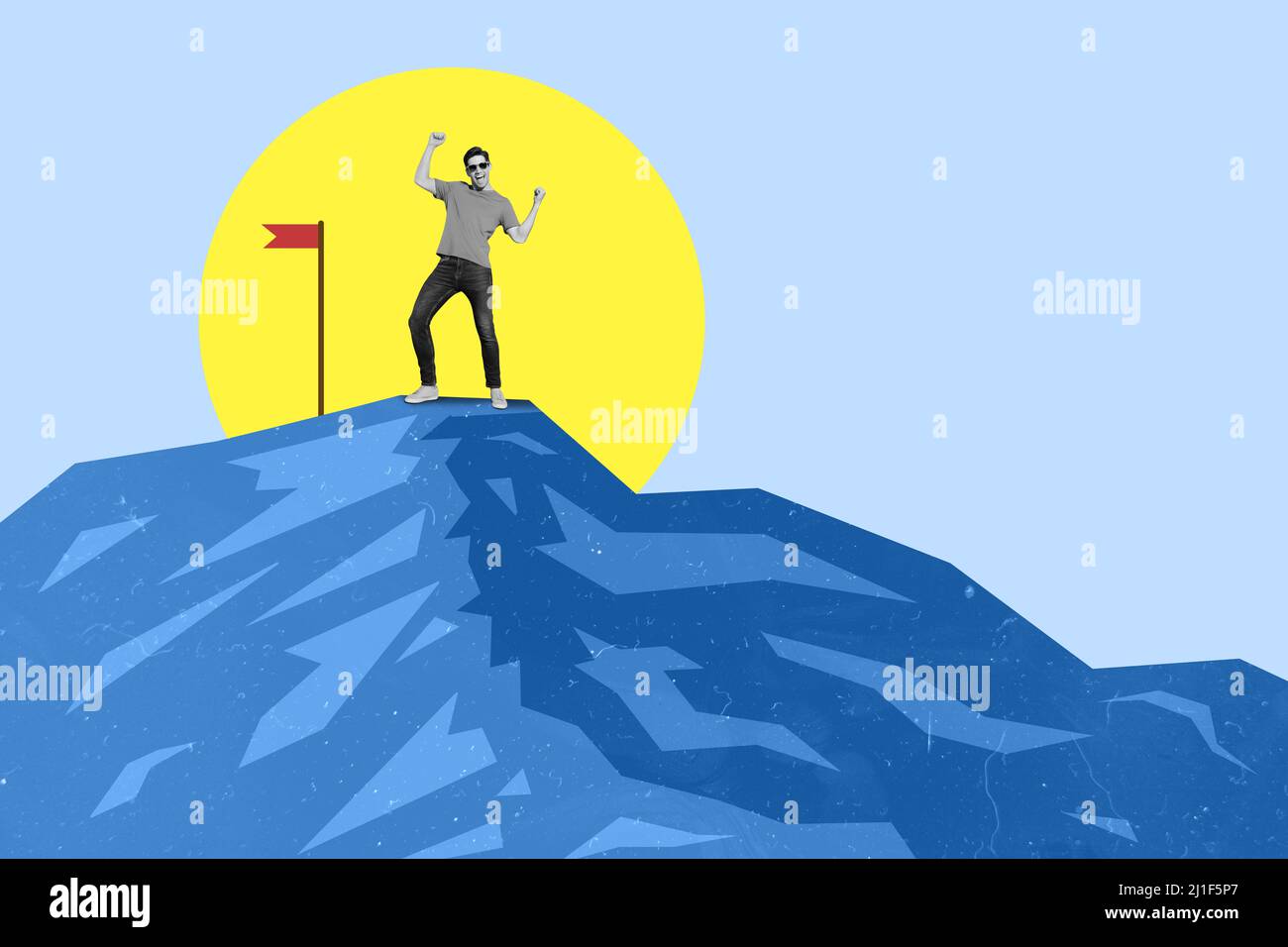 Flat style illustration of man on the mountain peak near flag big ...