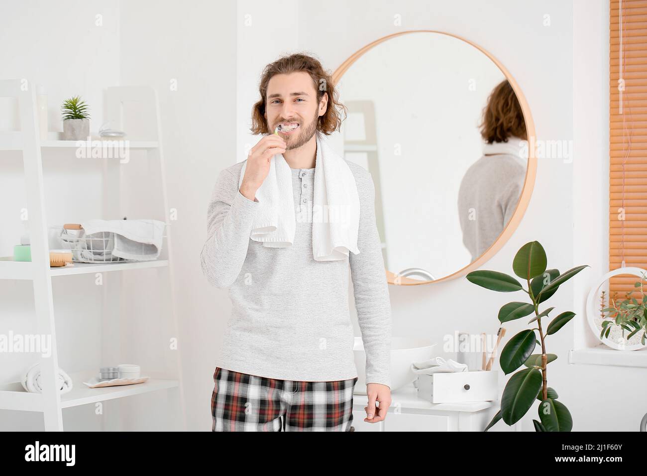 Handsome young man brushing teeth in bathroom Stock Photo - Alamy