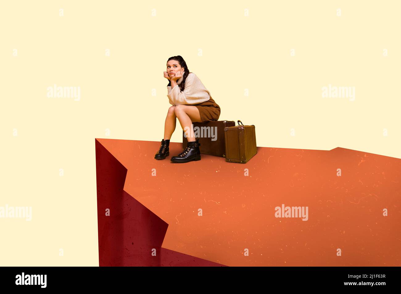 Cartoon style illustration of sad girl got to abandoned railway tracks ...