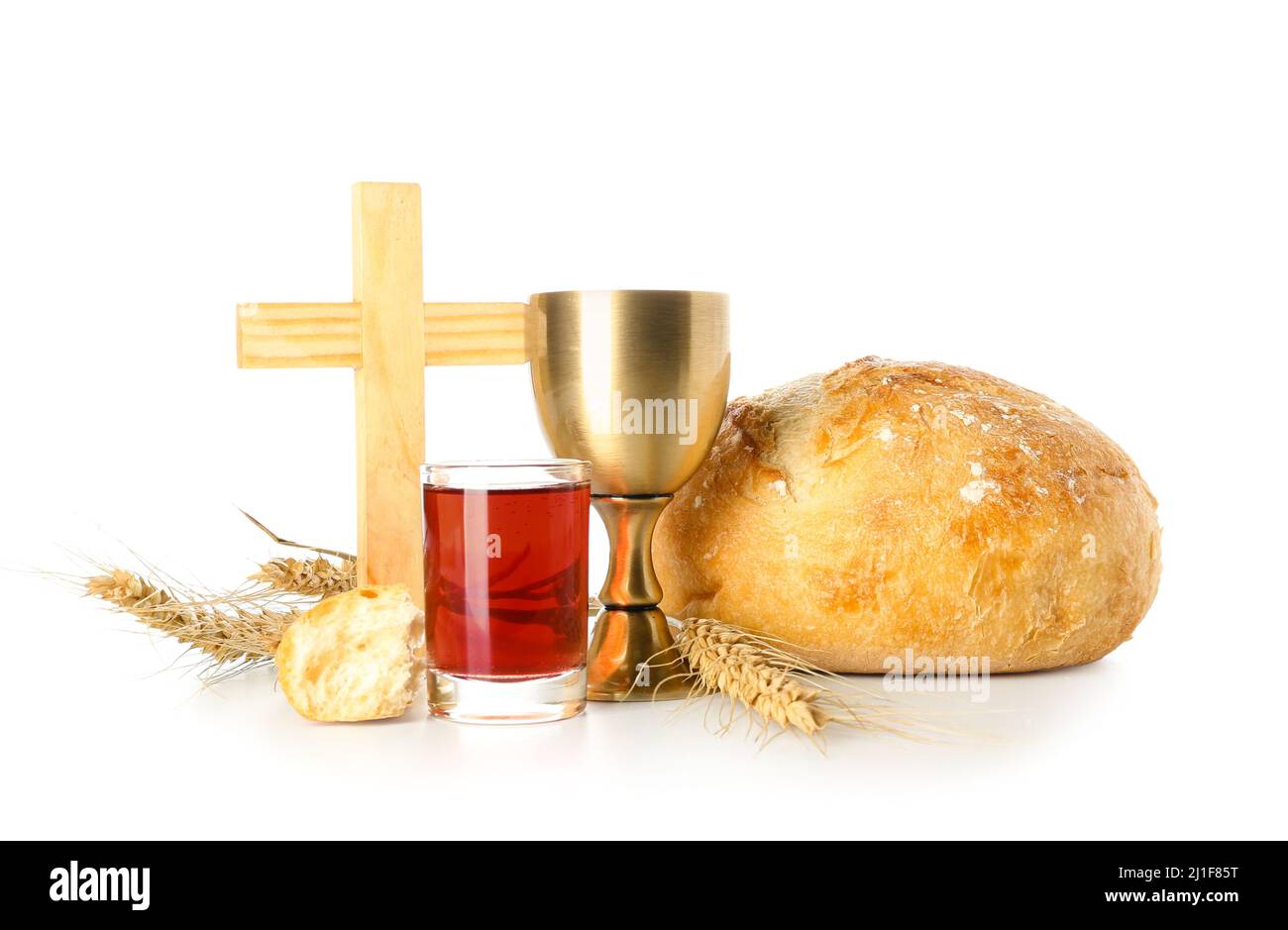 Wine with bread and cross on white background Stock Photo - Alamy