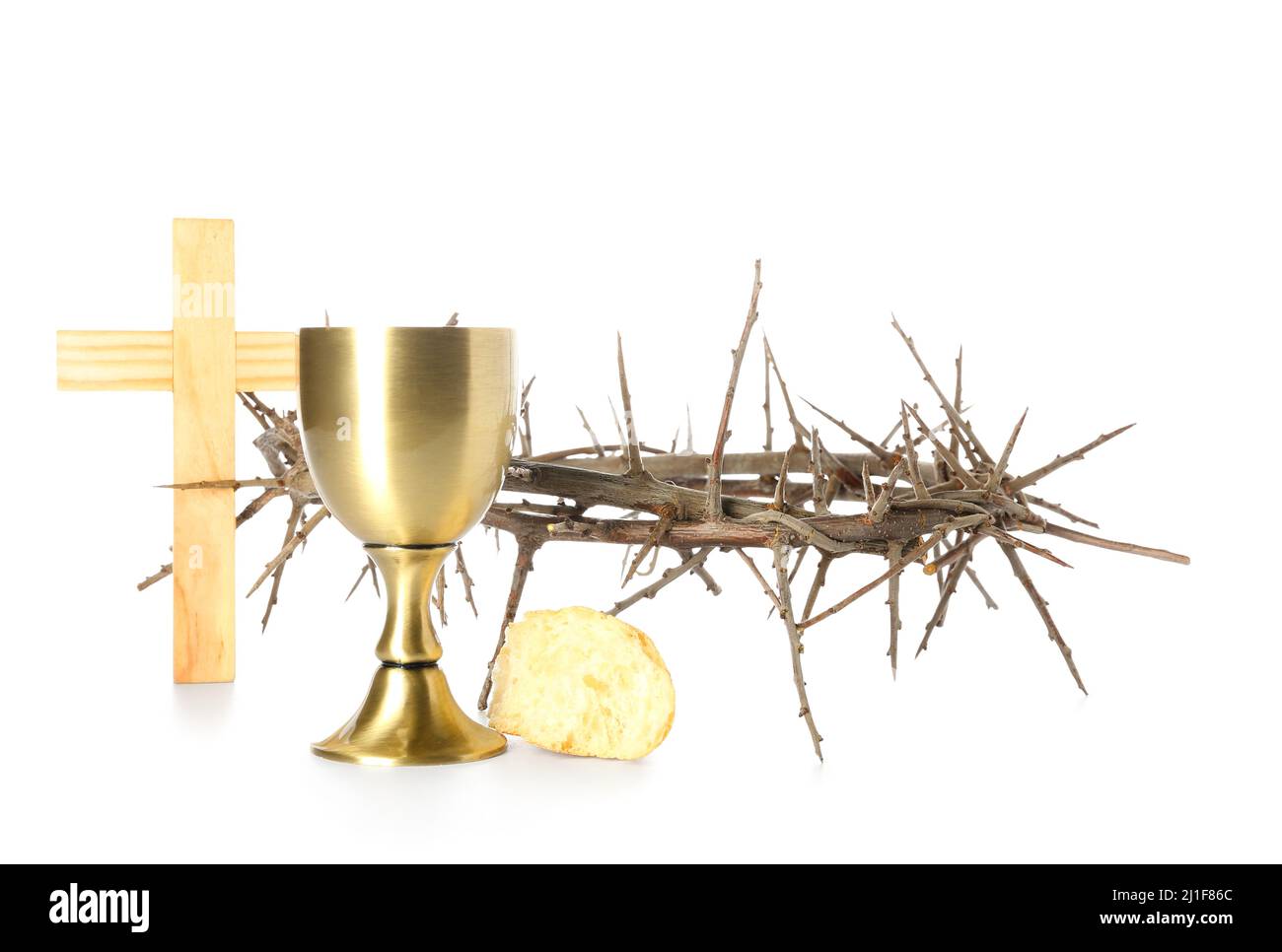 Cup of wine with bread, cross and crown of thorns on white background ...
