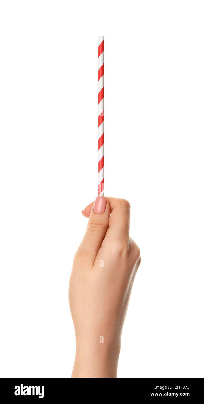 Female hand with stylish straw for drinks on white background Stock ...