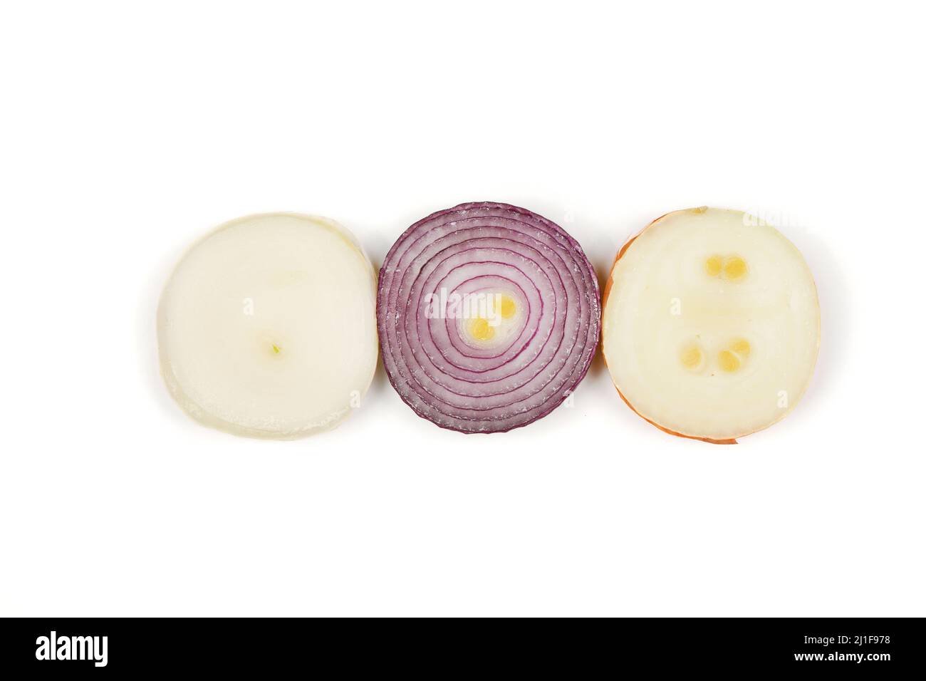 Three sliced onion of different colors (red, yellow and white) isolated ...