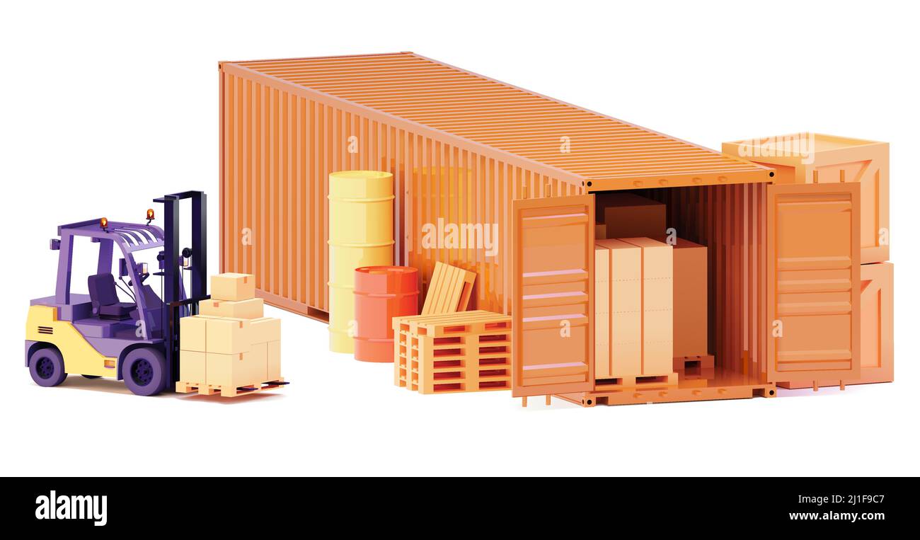 Vector shipping container and forklift. Maritime cargo container ...