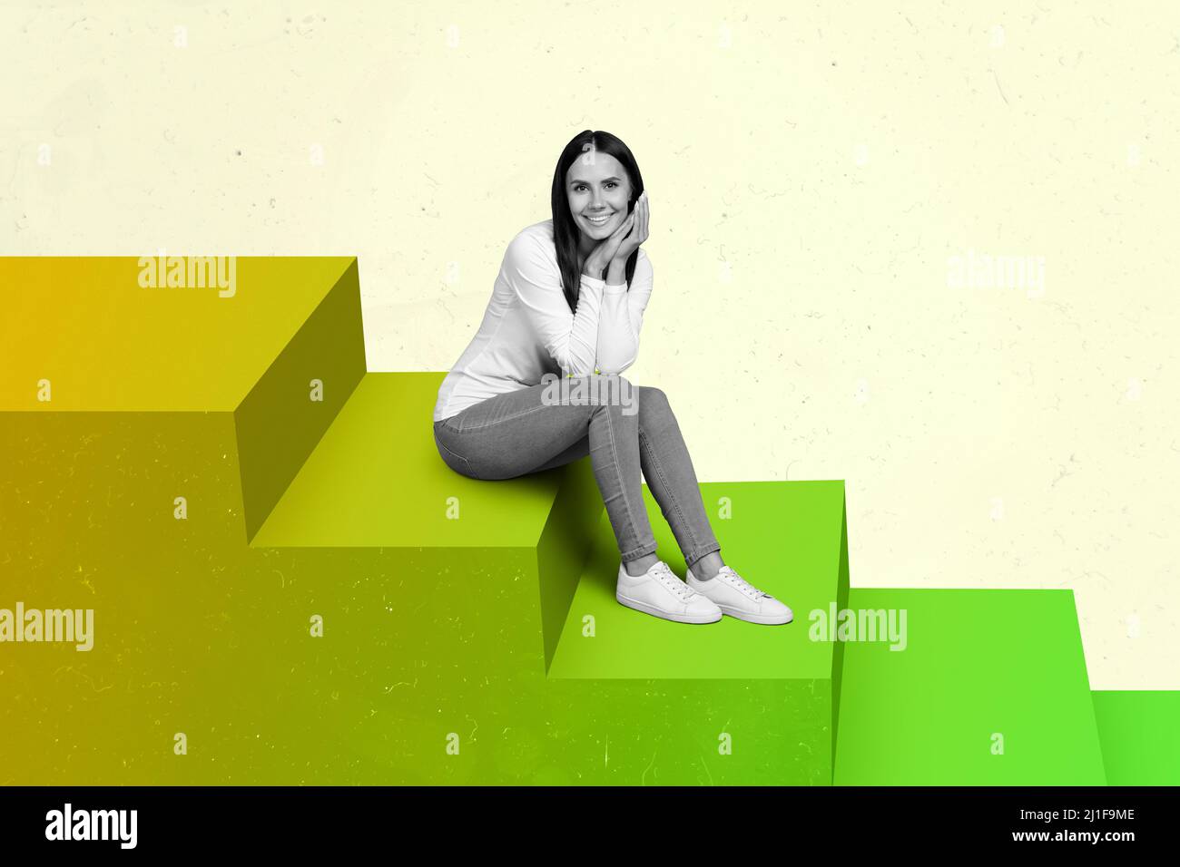 Creative photo artwork girl sitting colorful bright painted graphical ...