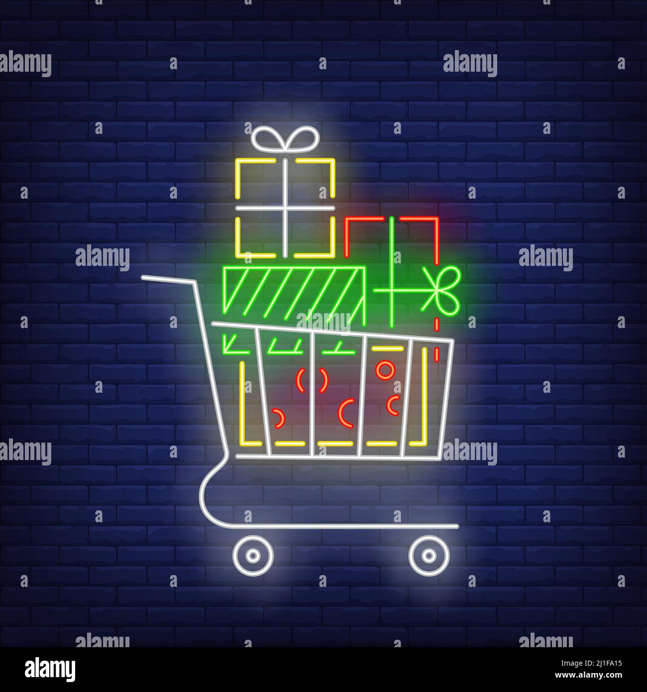 Stack of gifts in cart neon sign. Present boxes, carton wrap, ribbon ...