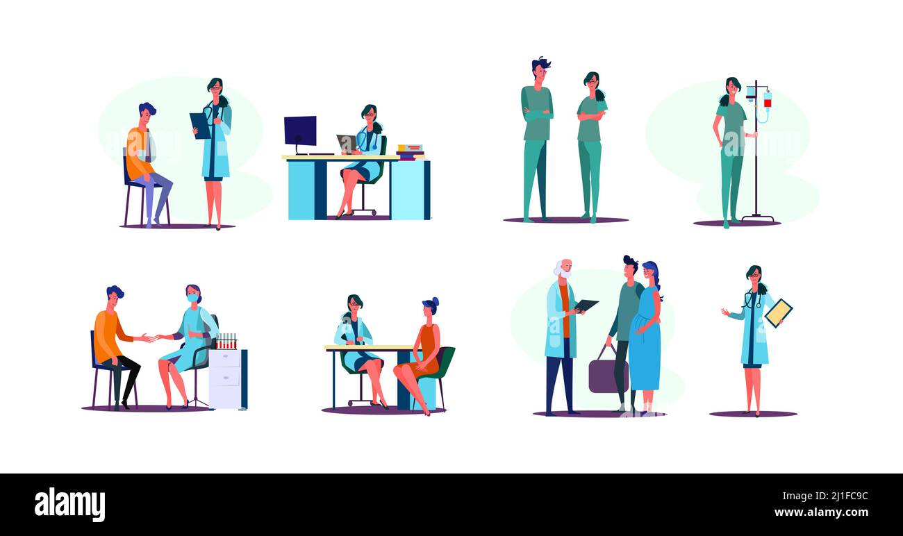 Medical occupation set. Doctors instructing patients, sitting at ...