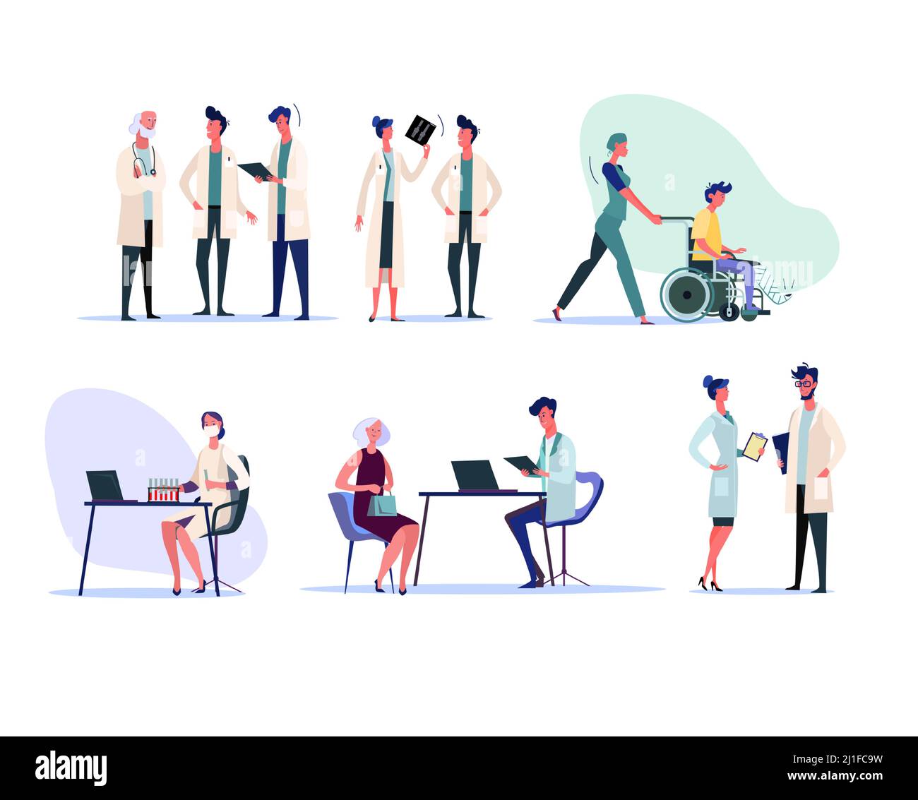 Medical professionals set. Doctors studying x-ray, talking to patient ...