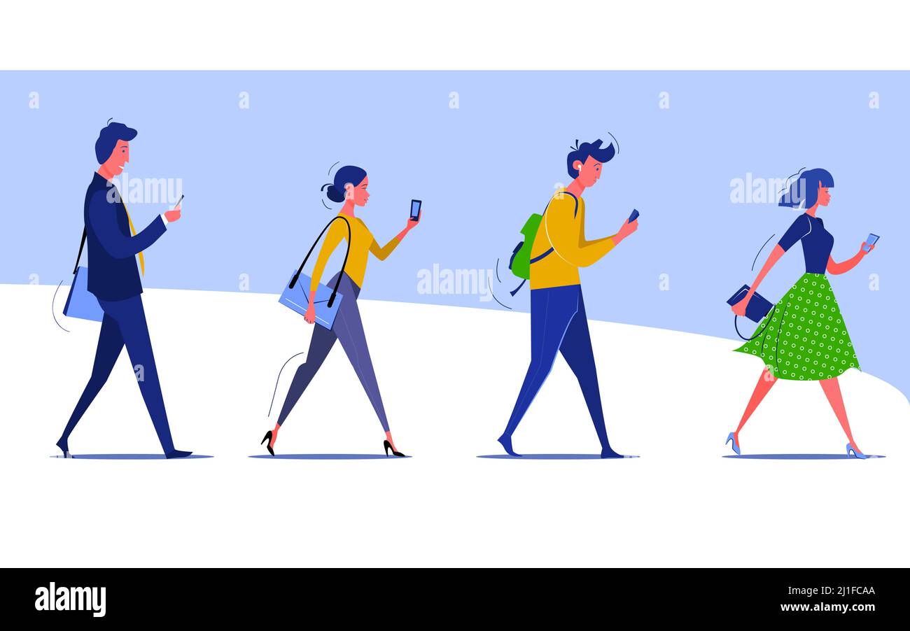 Group of walking people checking smartphones. Male and female cartoon ...