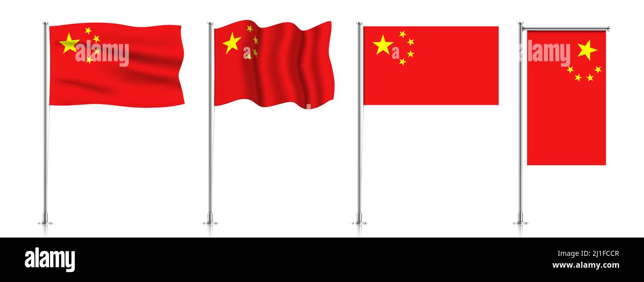 Vector set of China flags on a metallic pole, isolated on a white ...