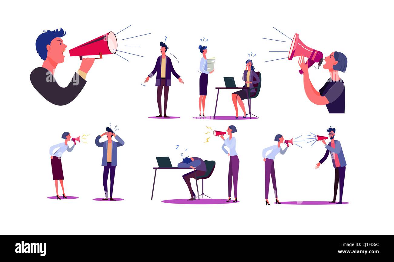 Set of people shouting at each other. Group of workers yelling with ...