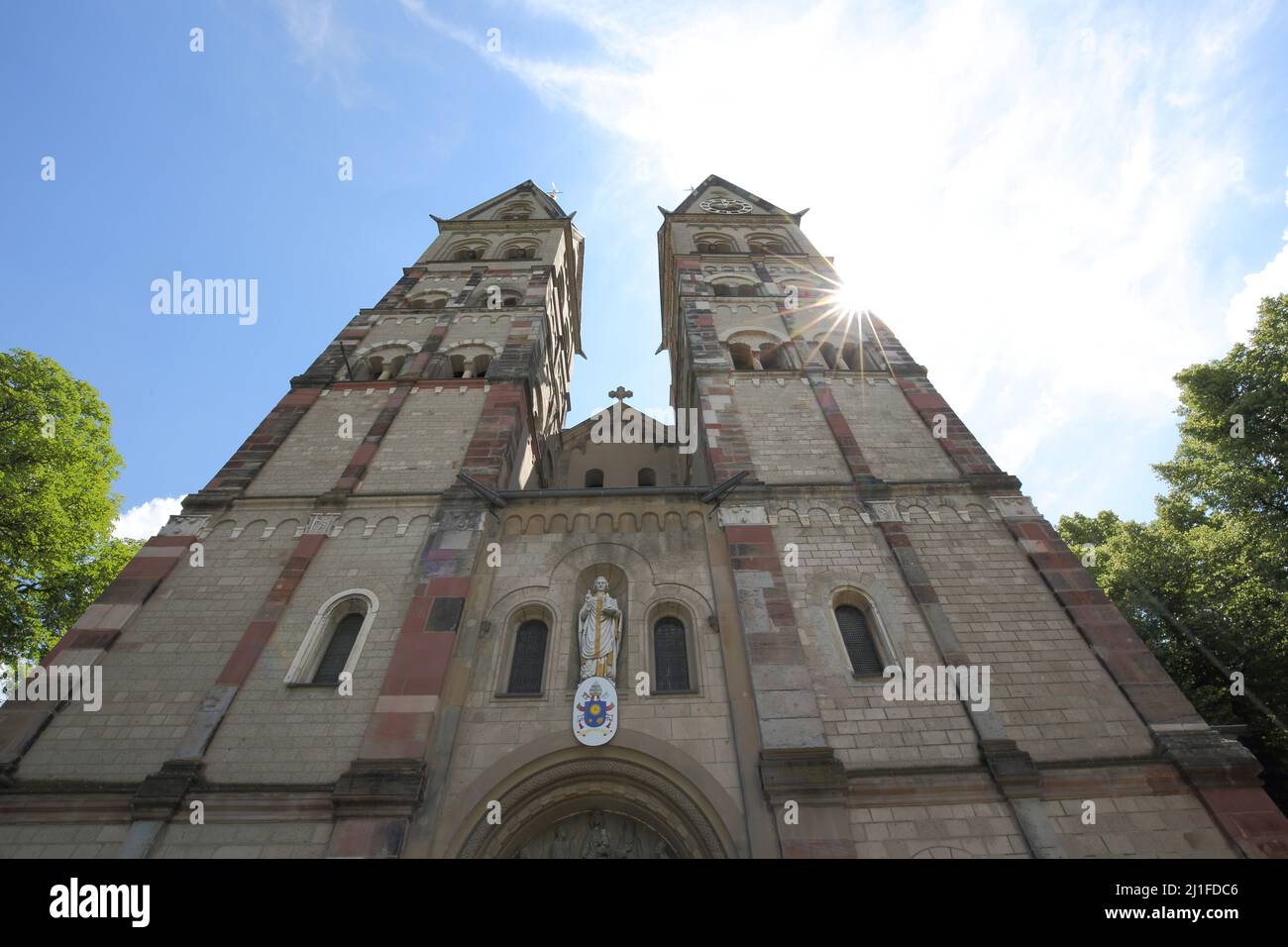 Basilica of St. Castor in backlight in Koblenz, Rhineland-Palatinate ...
