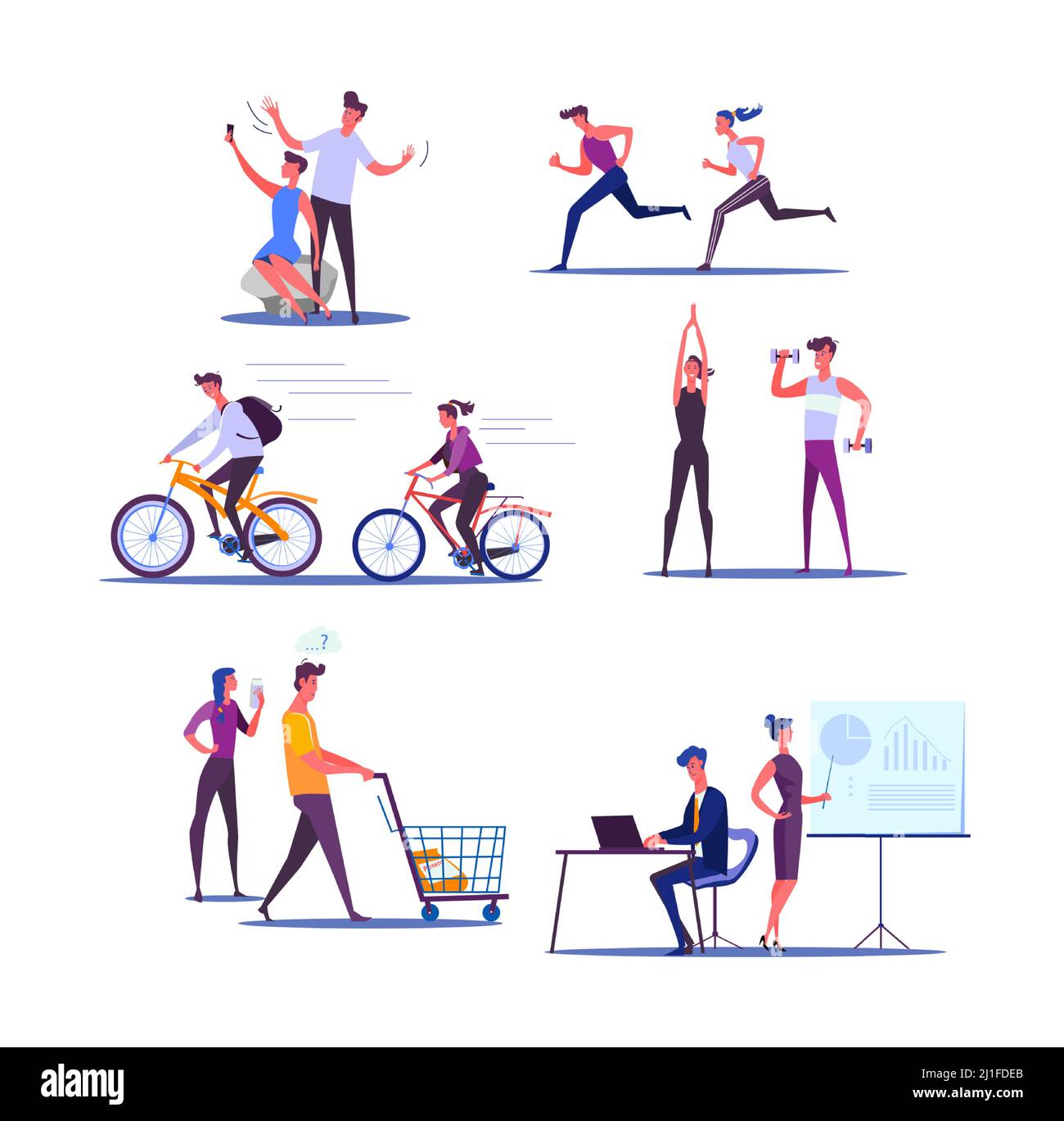 Young couple living active life. Male and female cartoon characters ...