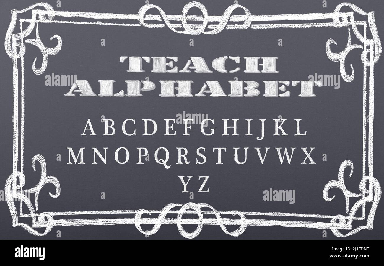 Decorative alphabet letters drawn on chalkboard. Letters written in ...