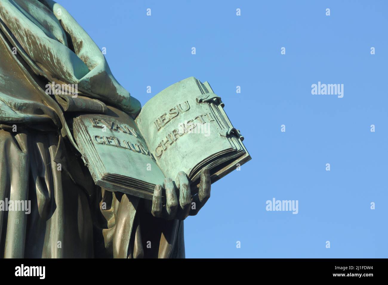Detail with bible at the Bonifatius monument in Fulda, Hesse, Germany ...