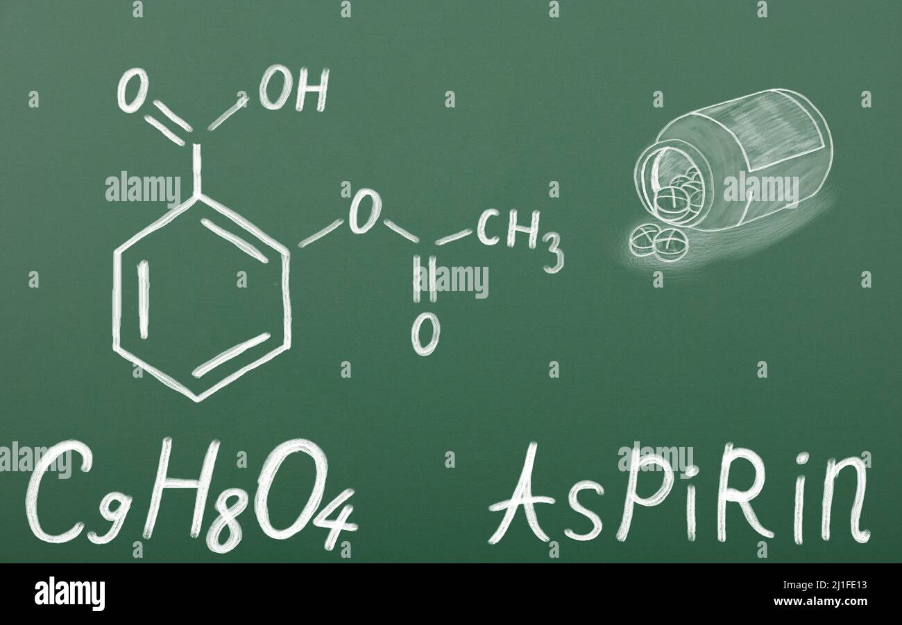 Chemical structural formula of aspirin drawn on chalkboard. Isolated on ...