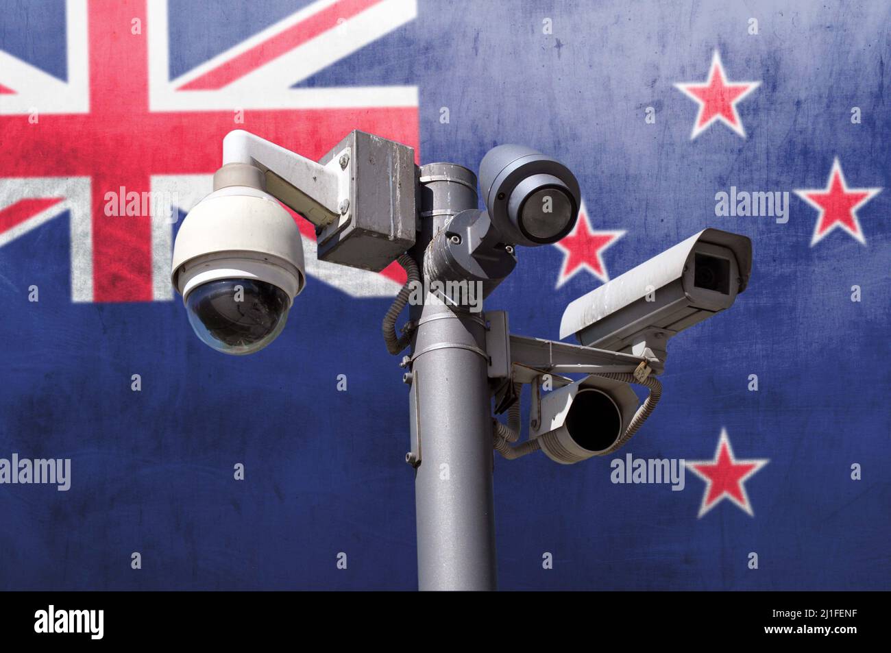 Closed circuit camera Multi-angle CCTV system against the background of the national flag of New ...