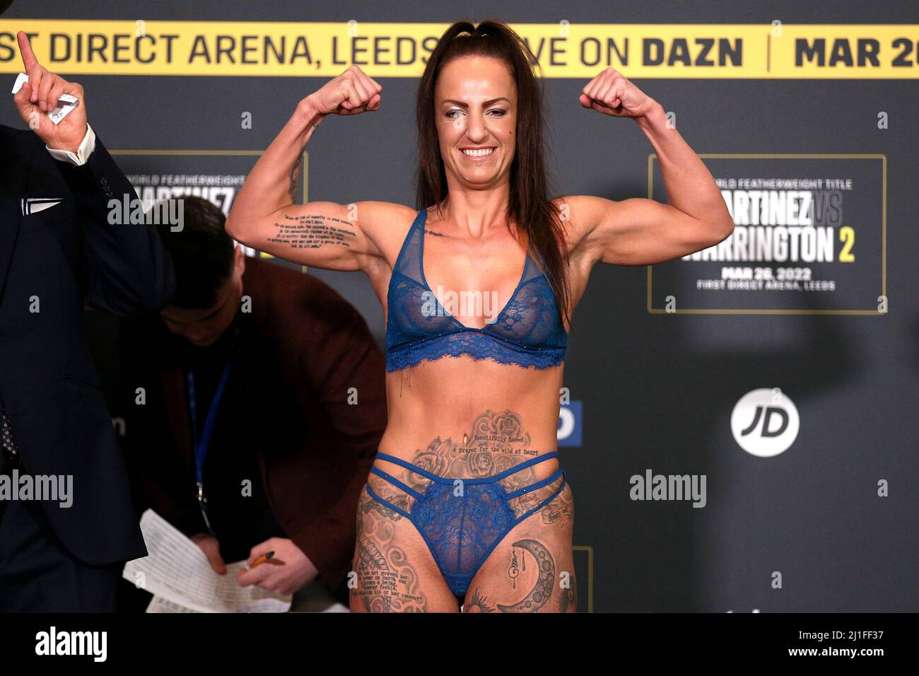 Bec Connolly during the weigh in at The Queens Hotel, Leeds. Picture date: Friday March 25, 2022 ...