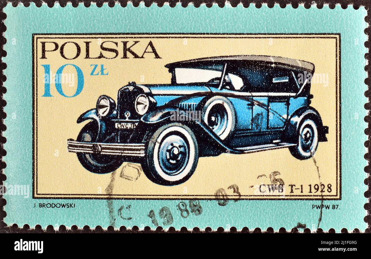 Cancelled postage stamp printed by Poland, that shows CWS T-1 Passenger ...