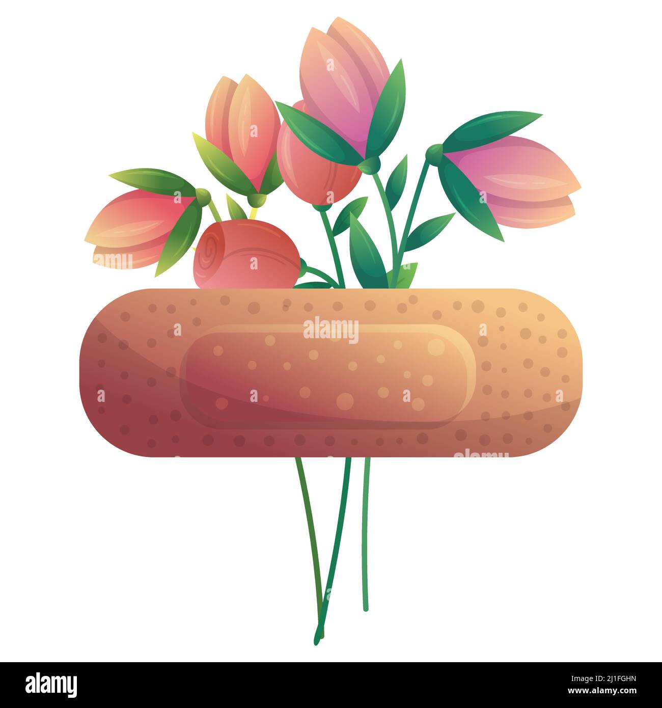 Tender flowers glued with band-aids. Flower bouquet with a medical band ...