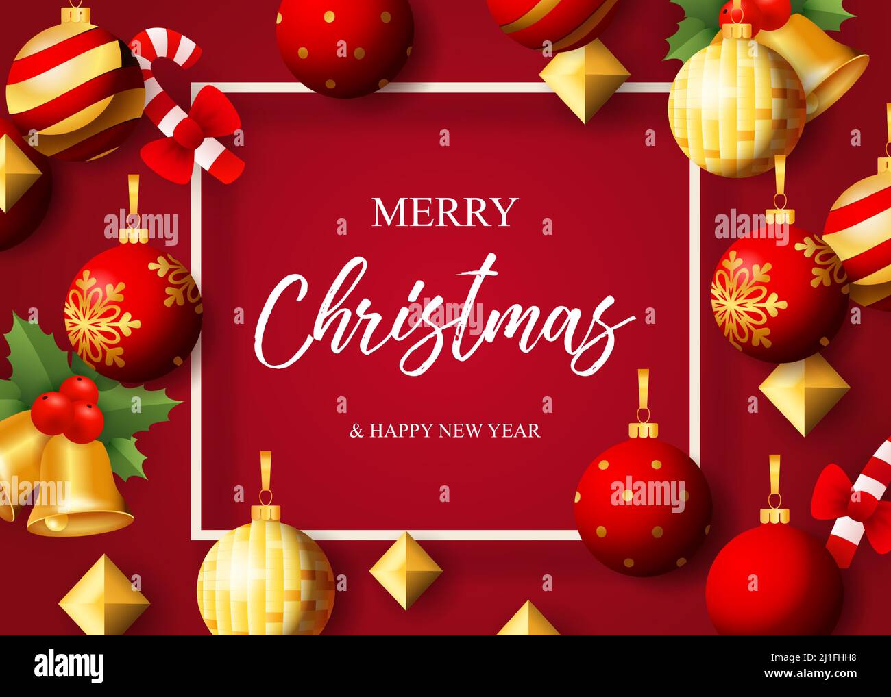 Merry Christmas lettering, baubles, bells and mistletoe. Christmas ...