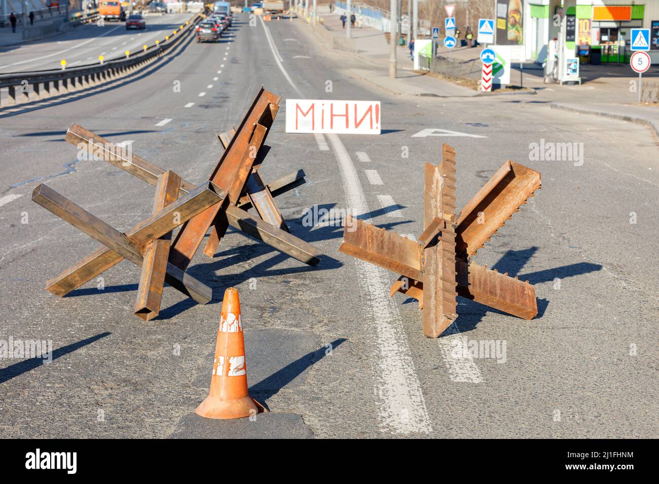 Protective anti-tank metal welded hedgehogs on the carriageway of the ...