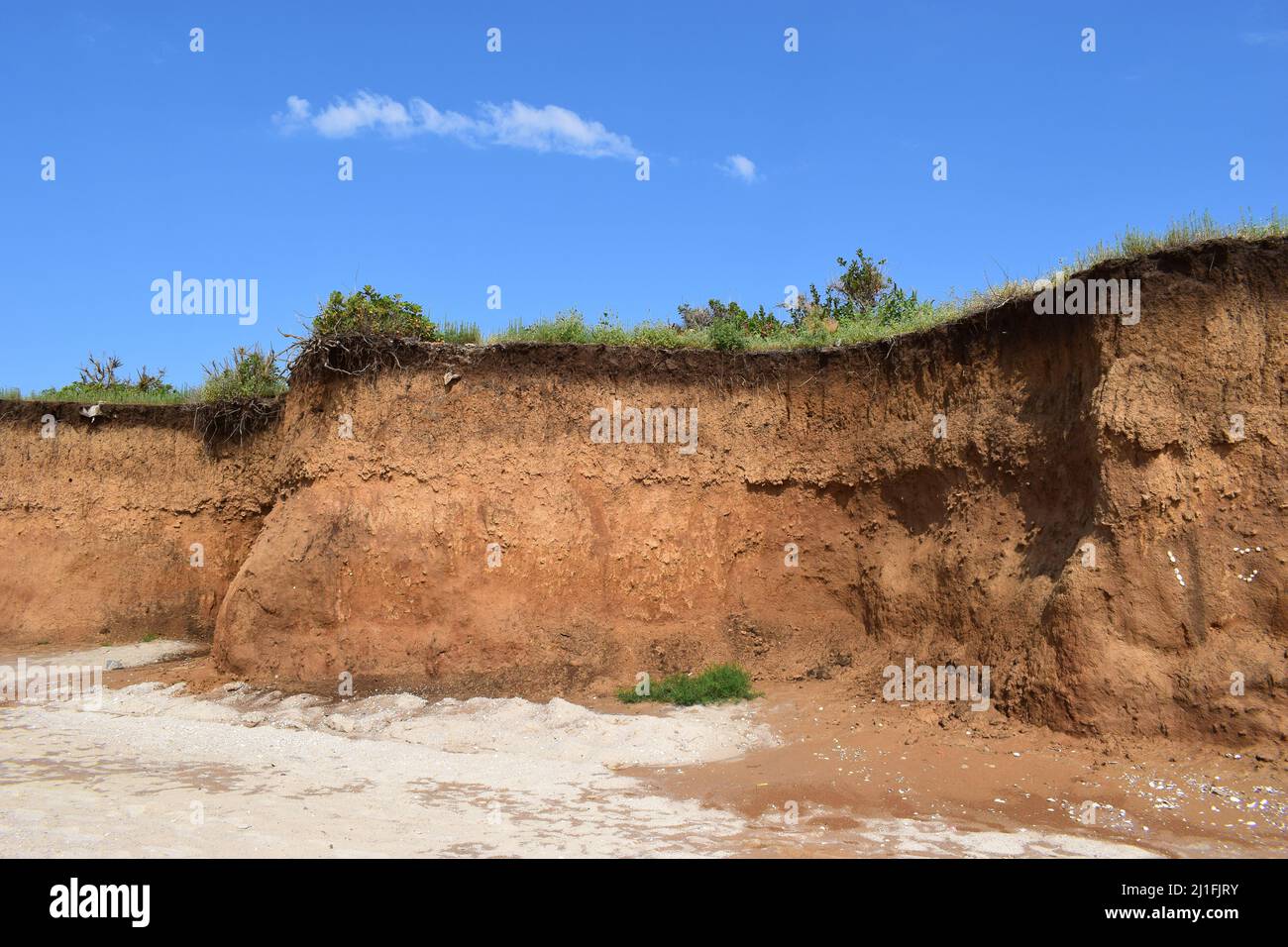 Sea cliffs of boulder clay in front of beaches. Clay Cliffs and Beach with Blue Sky and Water ...