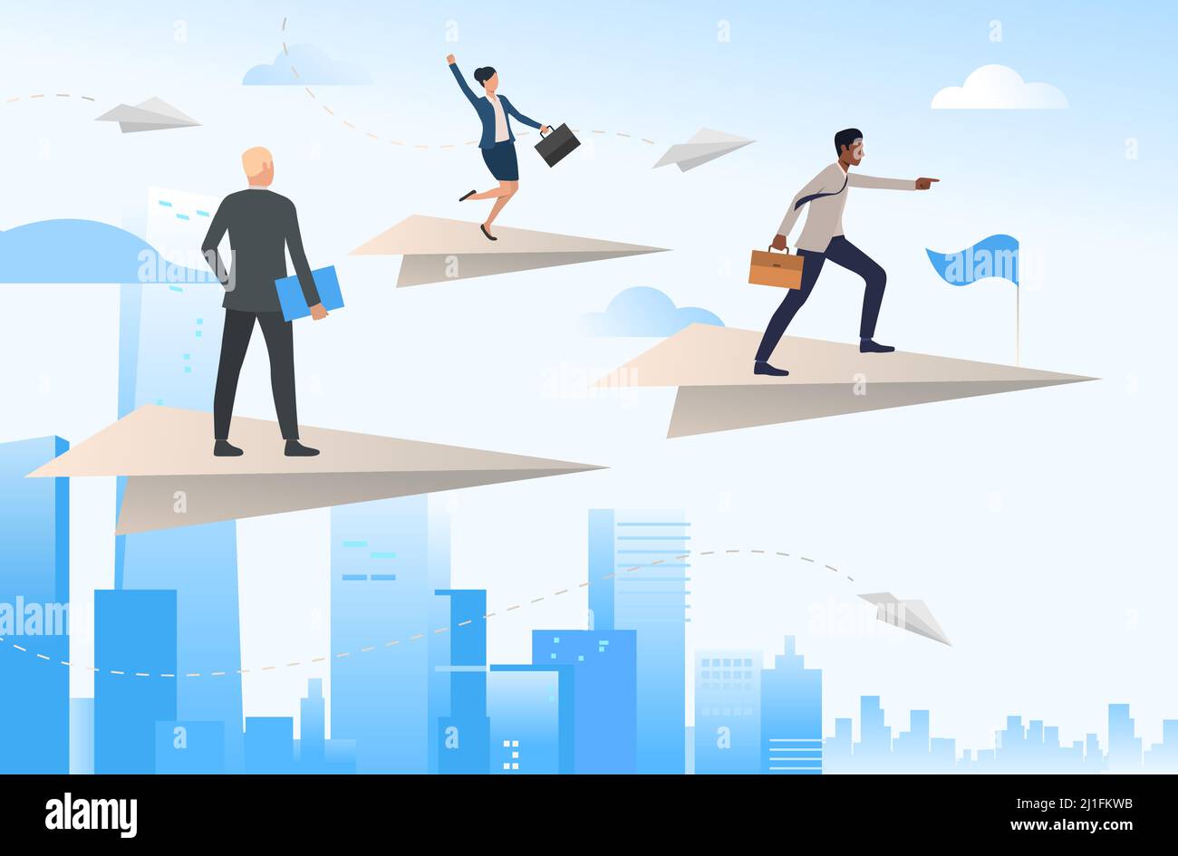 Business team traveling on flying paper planes. Challenge, opportunity ...
