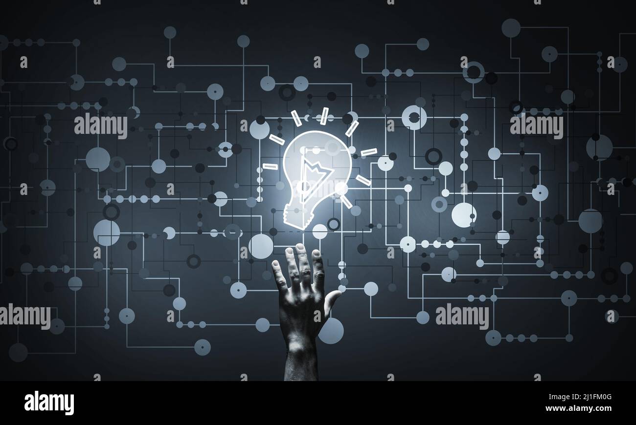 Technology idea concept with glowing bulb icon and touching it finger ...