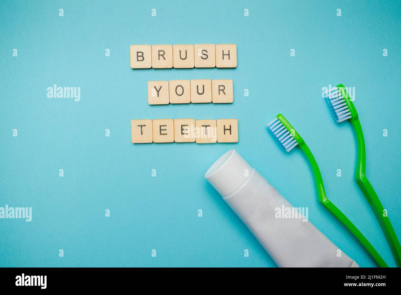 Oral and dental health concept showing two toothbrushes and toothpaste ...