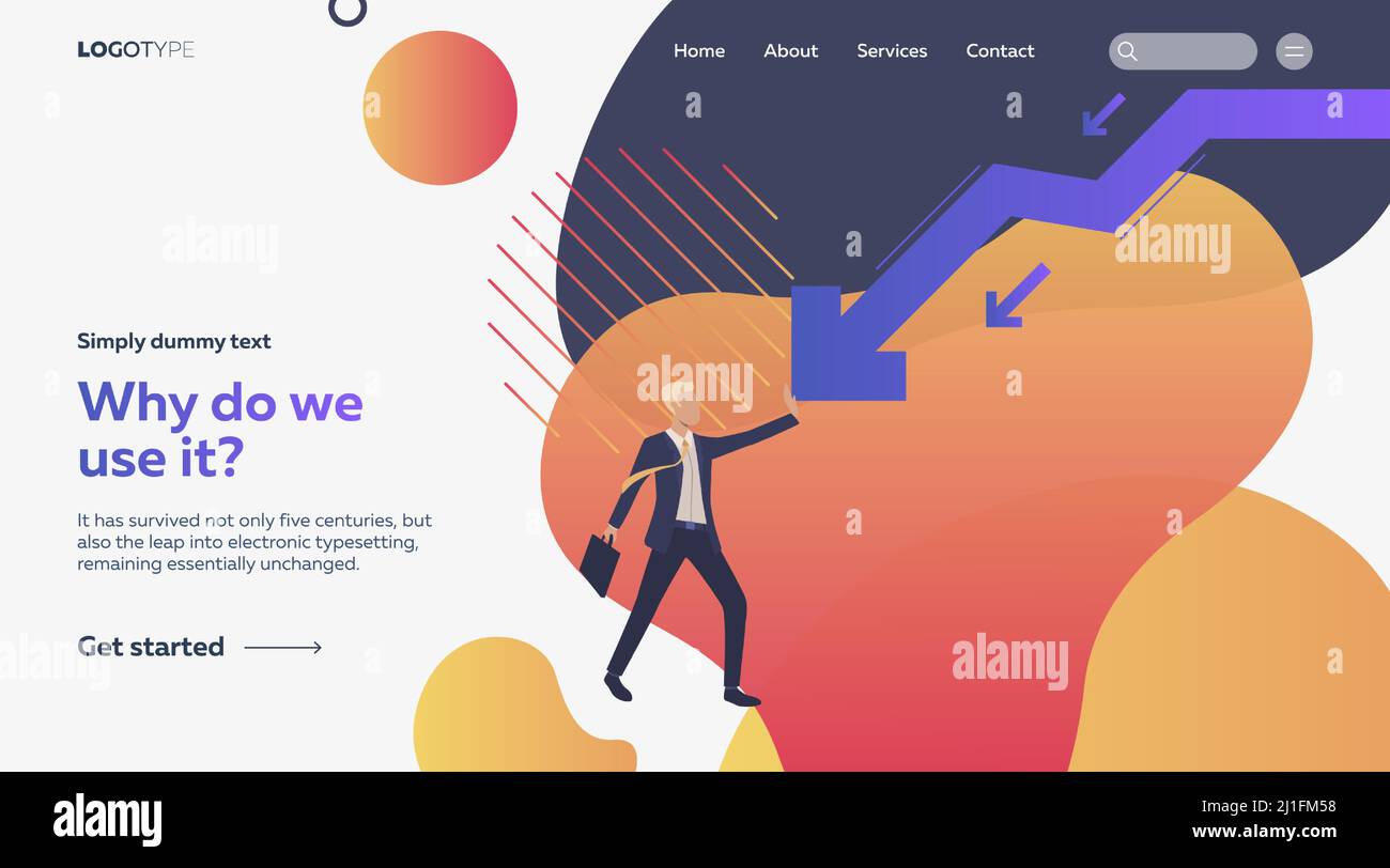 Businessman holding blue arrow. Crisis, pressure, problem solving ...