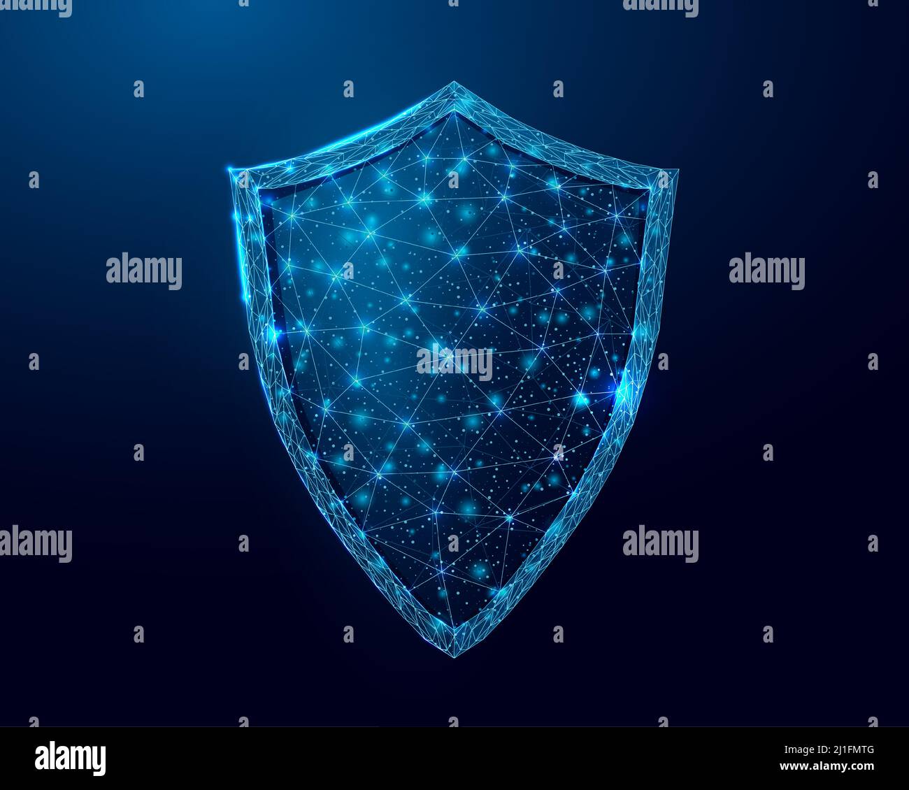 Guard shield. Cyber security concept with glowing low poly shield on dark blue background ...