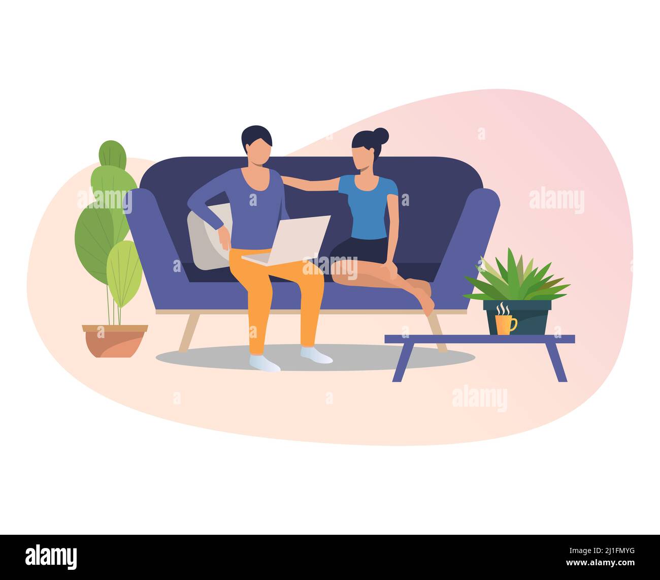 Friends with laptop meeting at home. Woman touching her friend shoulder ...