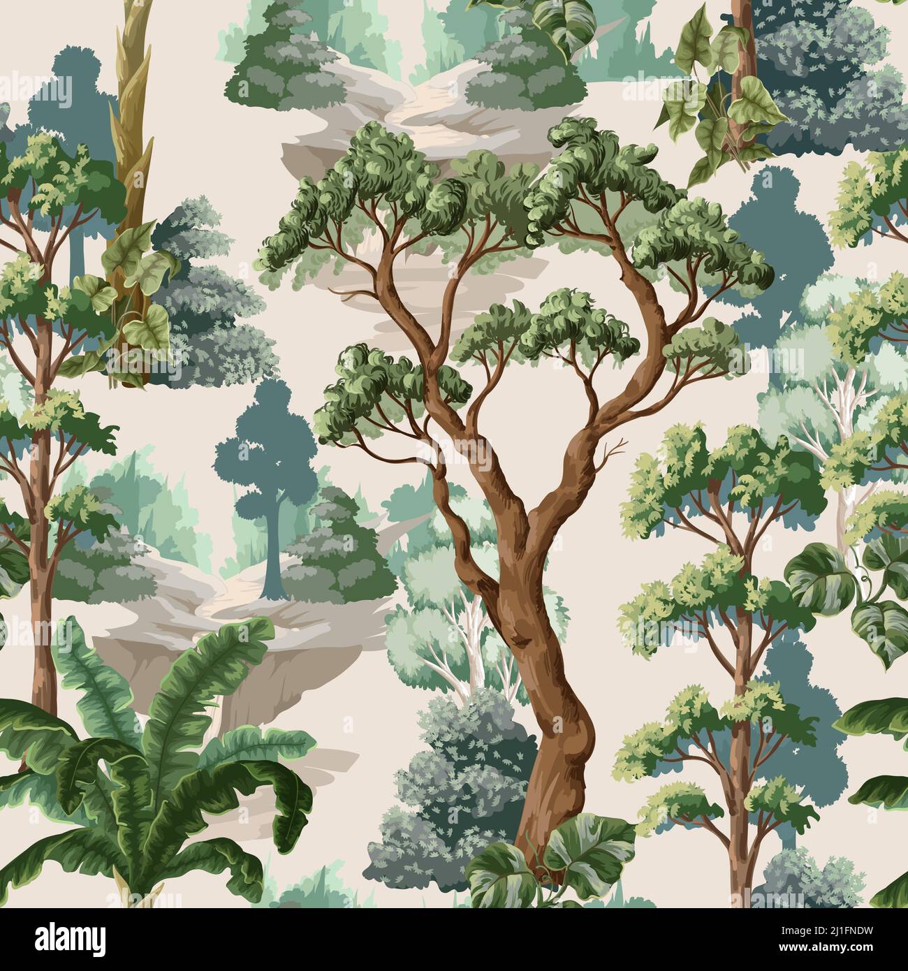 Seamless pattern with jungle trees and tropical plant. Vector Stock ...