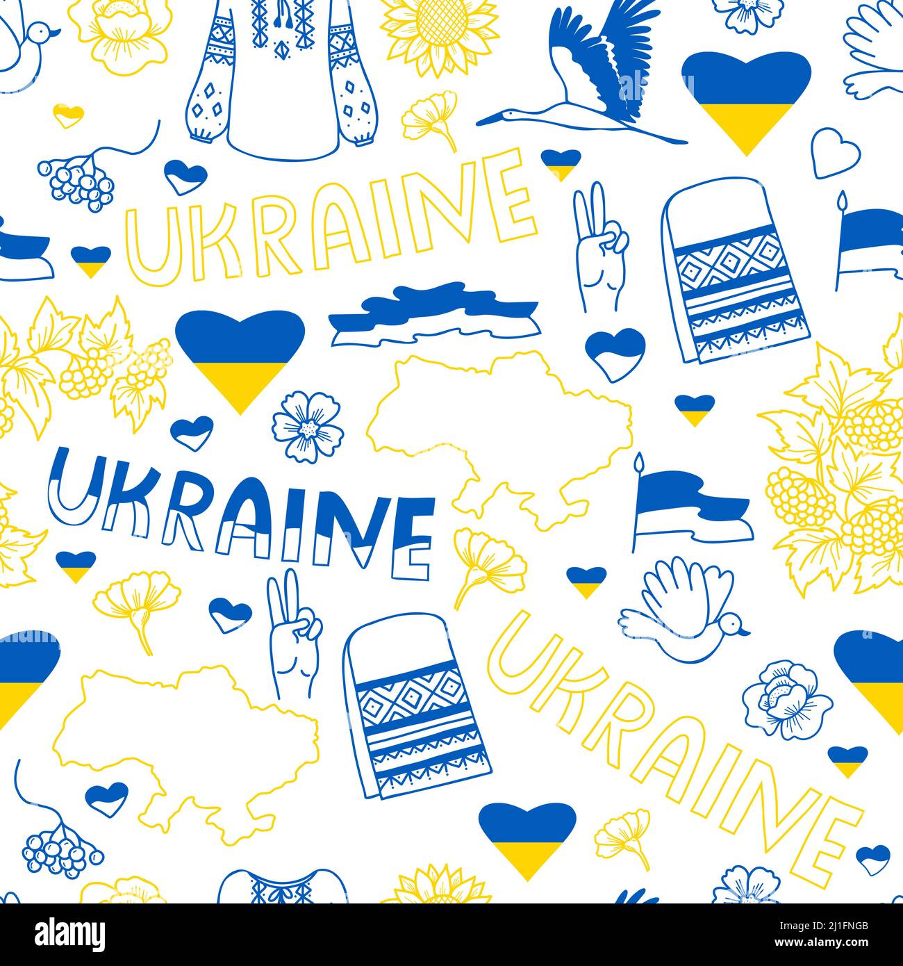 Ukrainian seamless pattern. Linear yellow-blue symbols, map of Ukraine ...