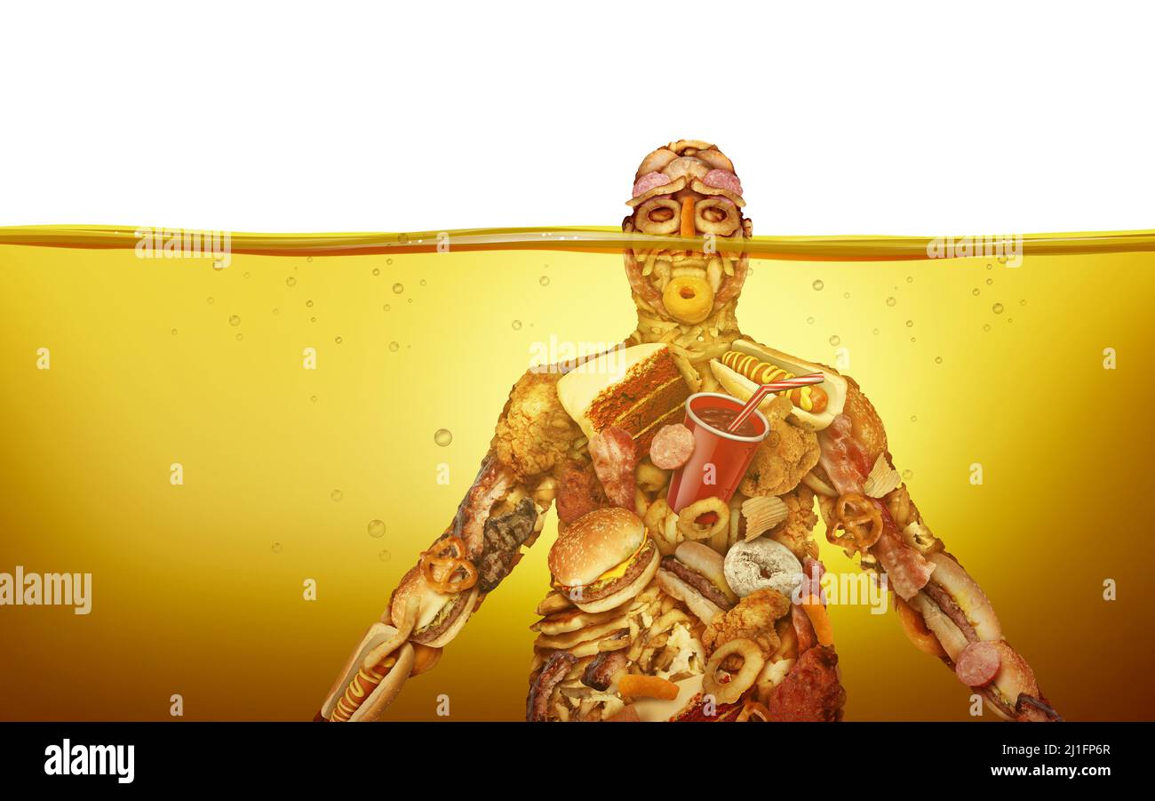 Risky eating habits as a human body made of junk food drowning in oil ...