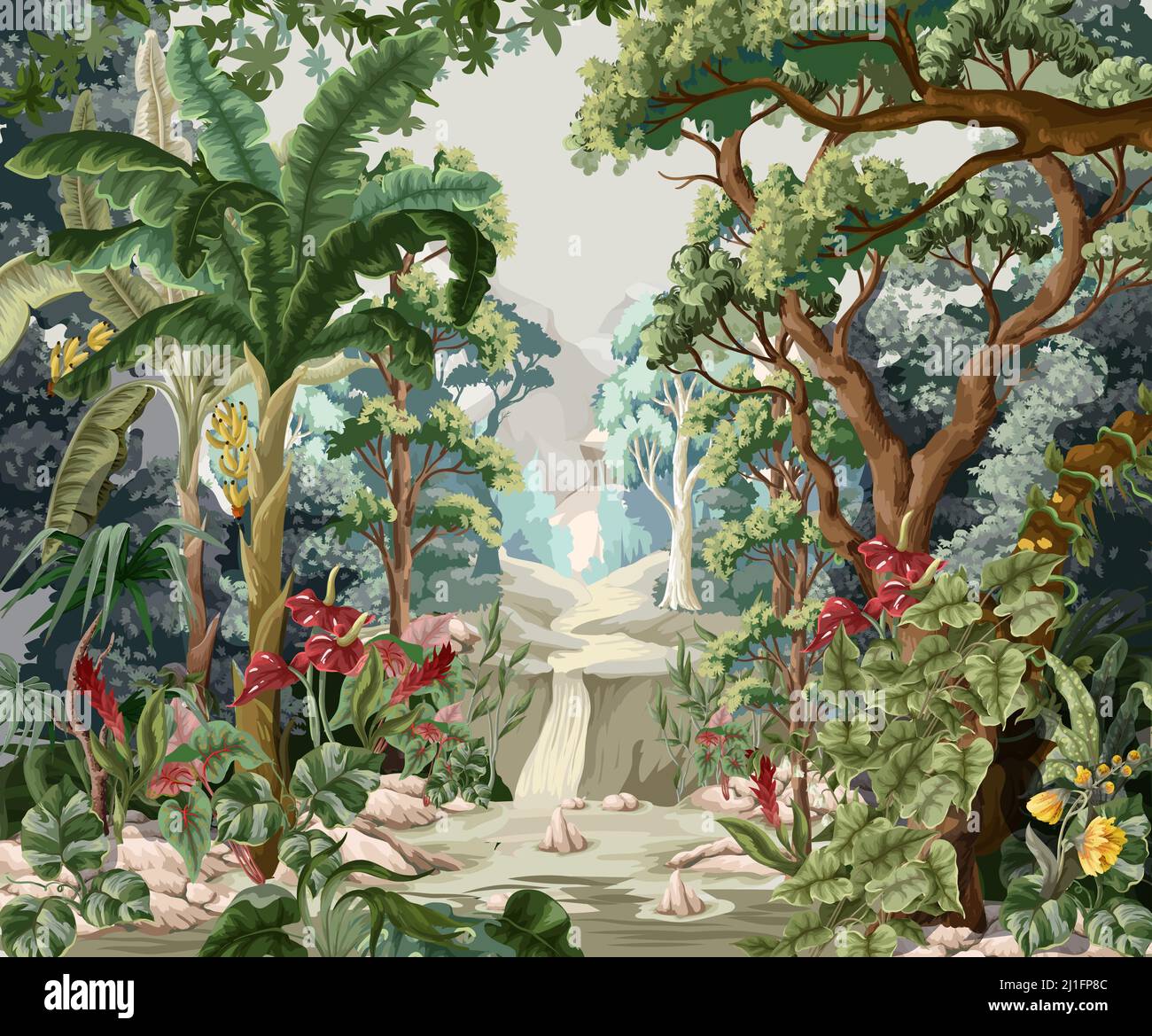 Jungle wallpaper with trees and tropical plant. Vector Stock Vector ...