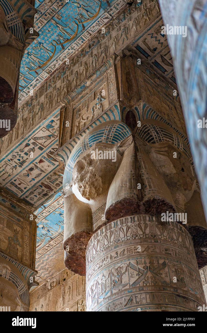 Outer hypostyle Hall of Temple of Hathor, with carved columns and ...