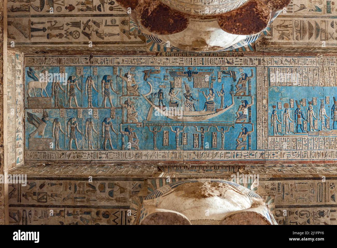 Outer hypostyle hall of Temple of Hathor, the decorated ceiling showing ...