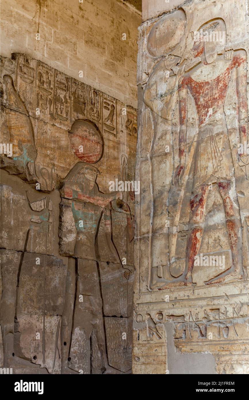 Wall carvings in the portico of the Great Temple of Abydos, Egypt Stock ...
