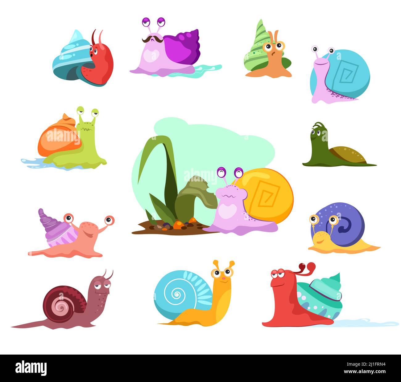 Multi-colored snails set. Cartoon mollusca collection. Can be used for ...