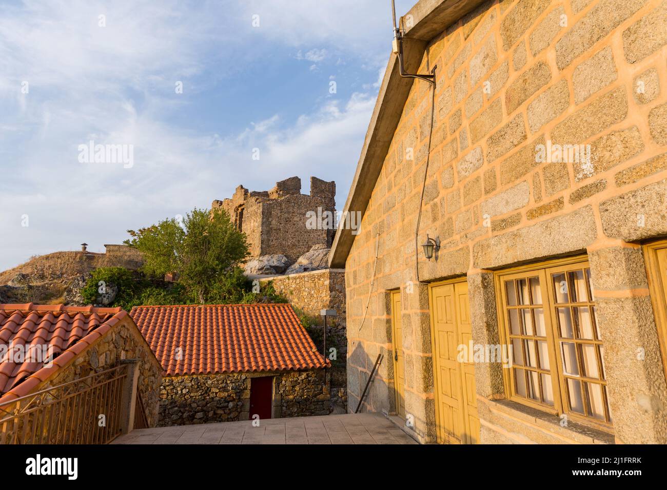 Stone tower of the old castle in the ancient town of Castelo Rodrigo in ...